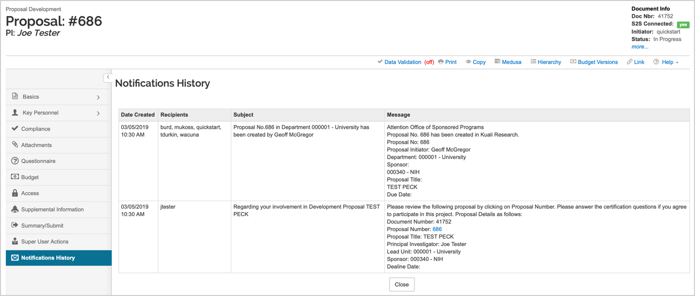 Proposal Notifications History Kuali Research